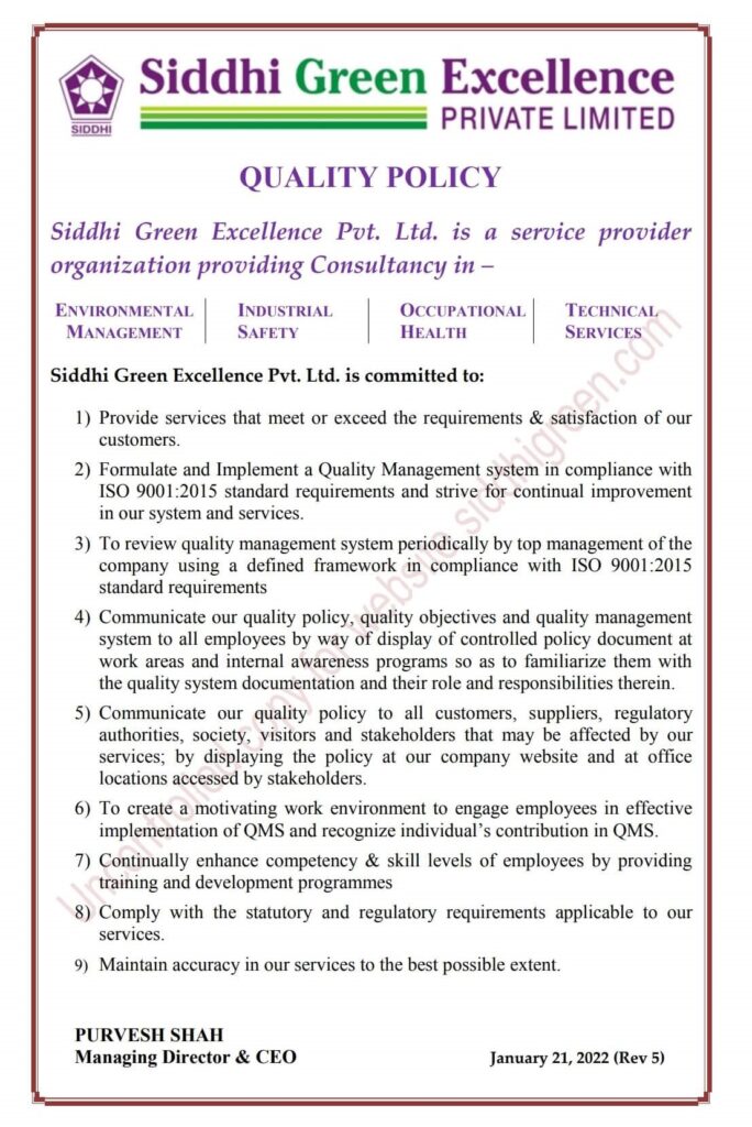 Quality Policy - Siddhi Green Excellence Private Limited